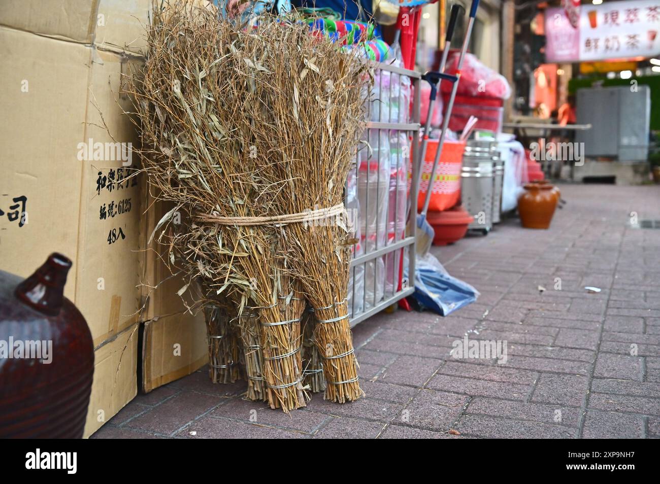 Taiwan - Aug 03, 2024: Showcase a bamboo broom at a traditional market ...
