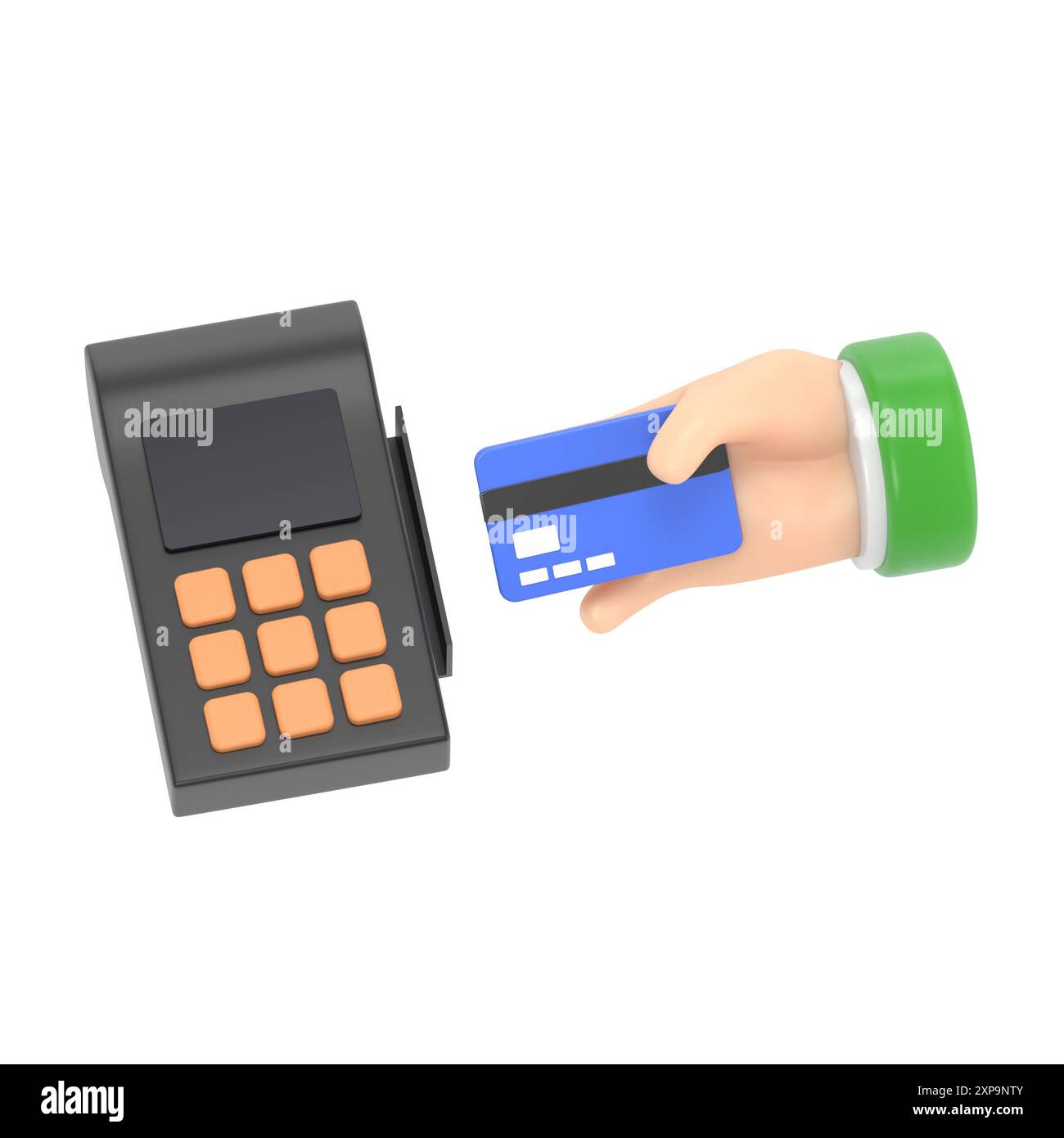 Cartoon hand holding credit card and payment terminal. POS terminal ...