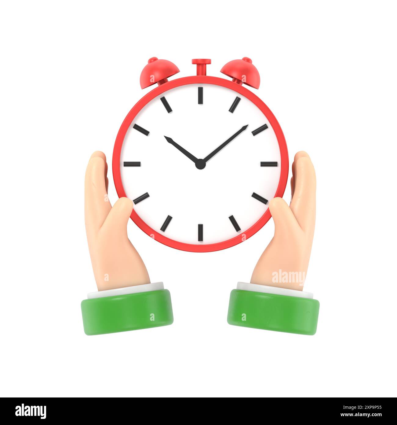 Protect time. Save time concept. Businessman in hands is holding a watch,alarm clock. 3d ...