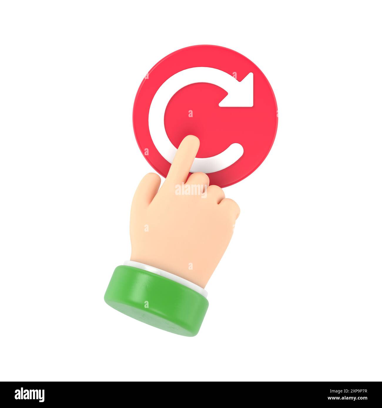 Reboot concept. Restarting technology. Hand to push big red button. 3d ...