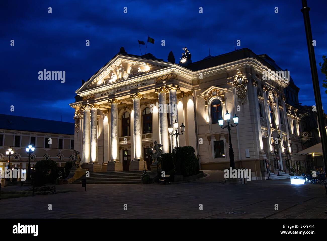 Oradea State Theatre building at night. It is one of the oldest ...
