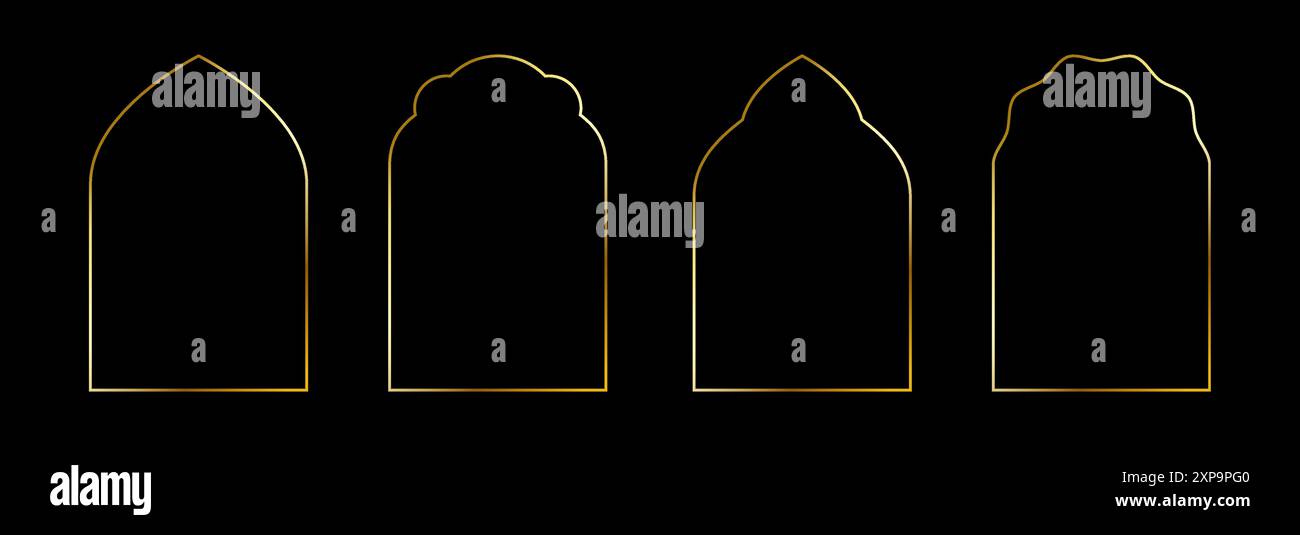 Thin golden oriental arch set. Gold arc border frame collection in art ...