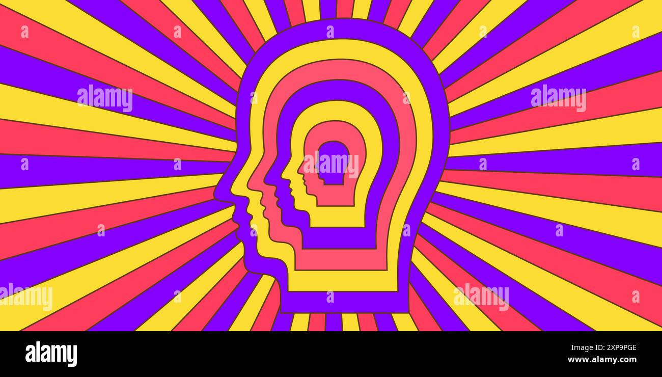 Retro trippy psychedelic background. Purple, yellow and pink groovy ...