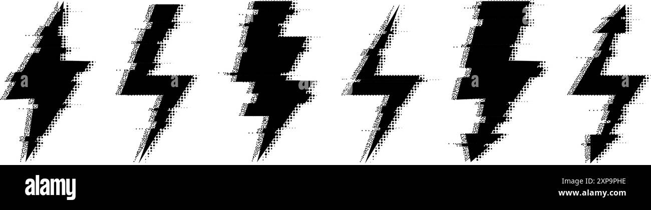 Halftone grunge lightning bolt collection. Dotted thunder bolt symbol ...