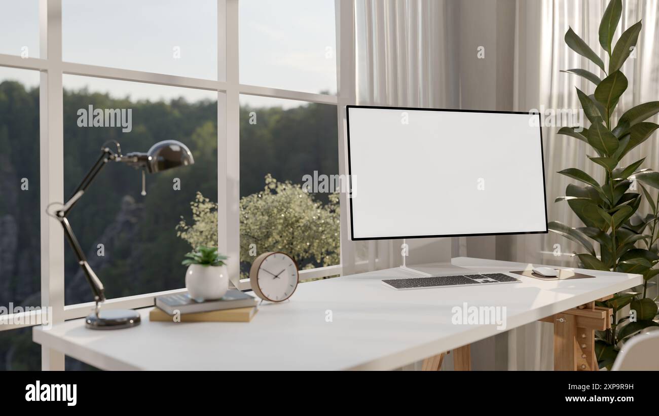 A minimalist white computer desk against the window in a minimal room ...
