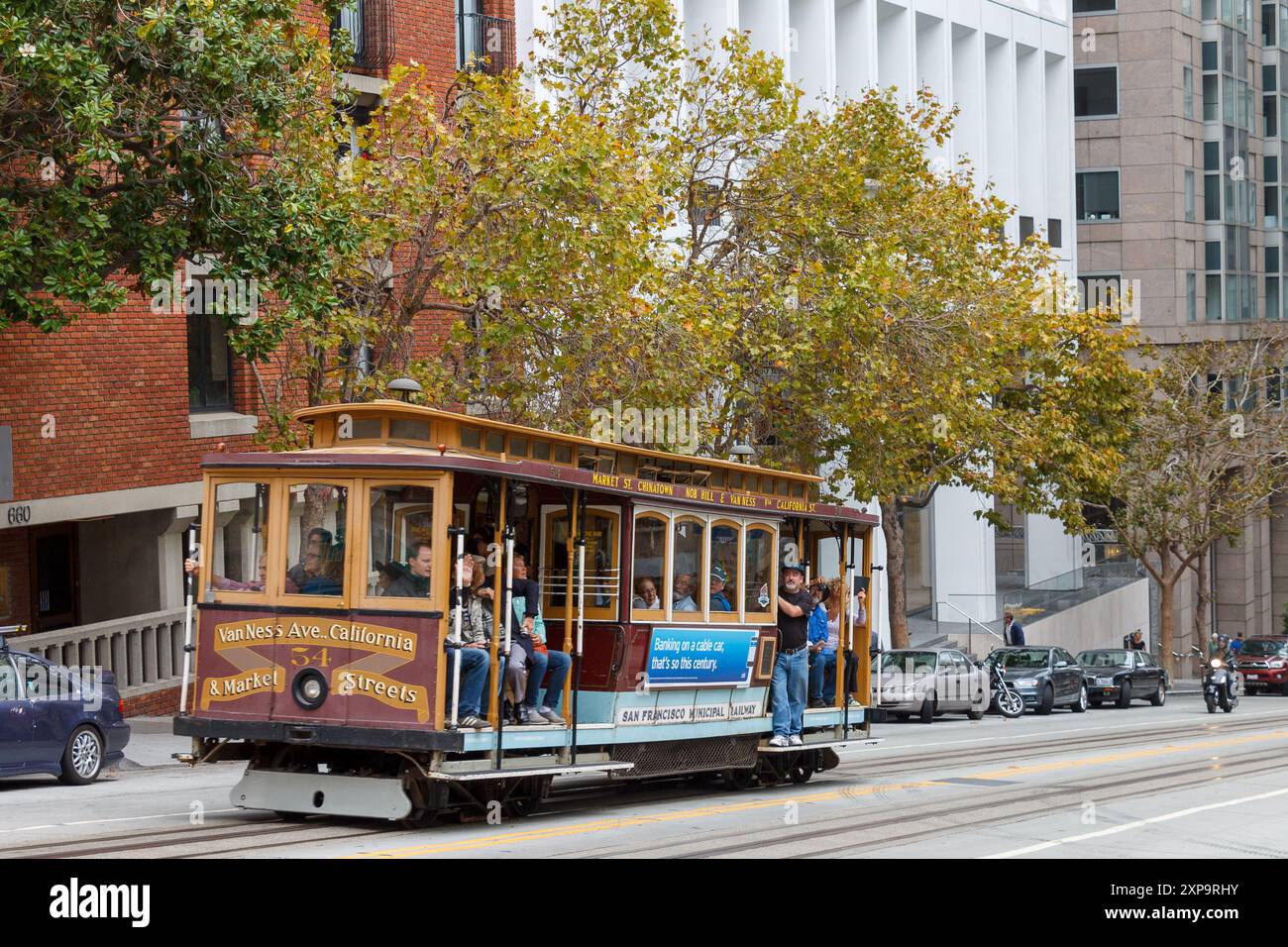 A typical old vintage wood cable car in downtown San Francisco ...