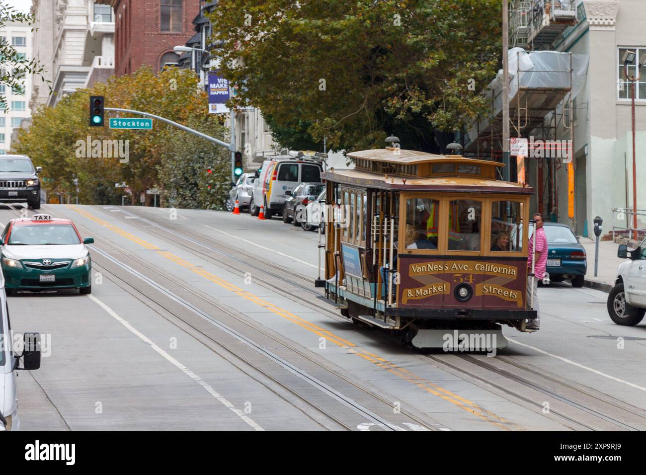 A typical old vintage wood cable car in downtown San Francisco ...