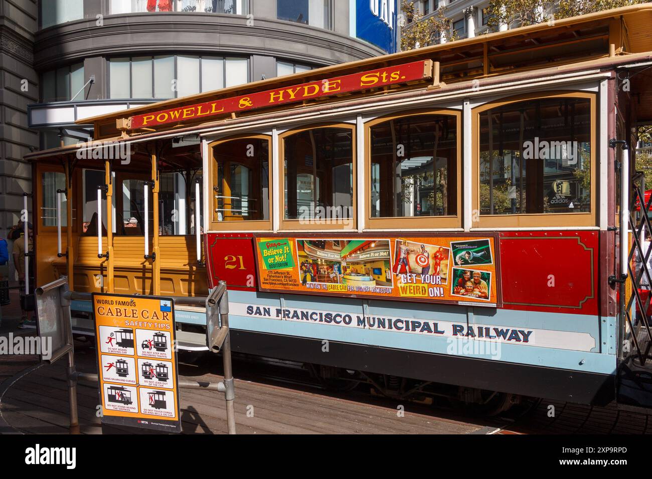 A typical old vintage wood cable car in downtown San Francisco ...