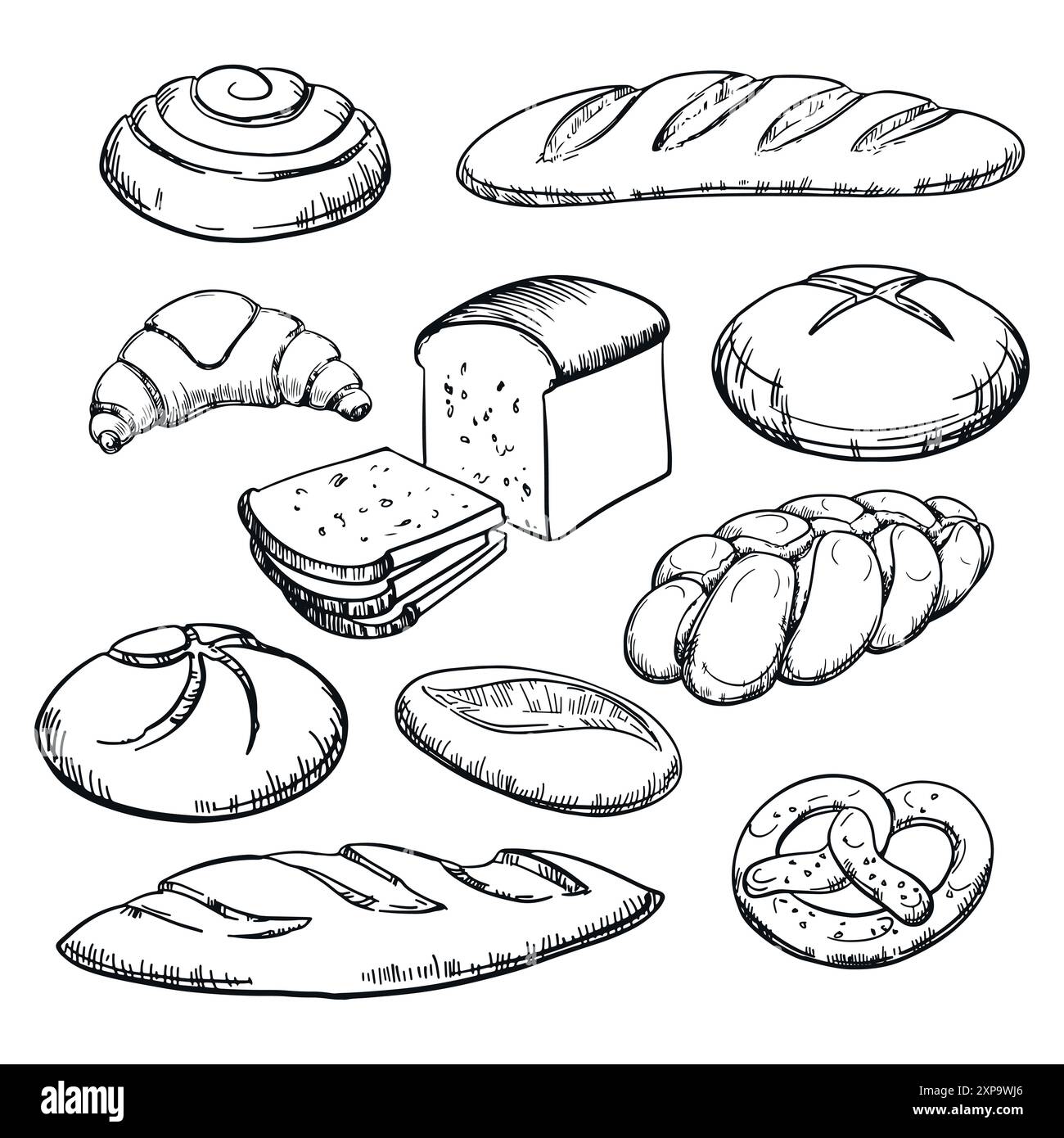 Sketch of bread with doodles, types of bread . Vector bakery bagels and ...