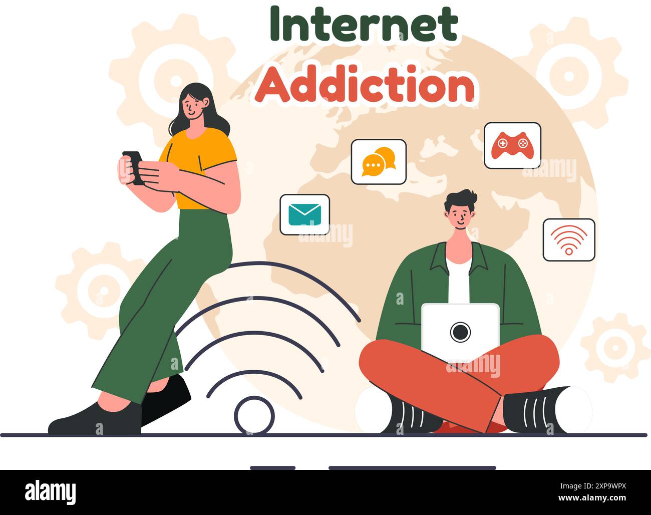 Internet Addiction Vector Illustration with Young People Addicted to ...