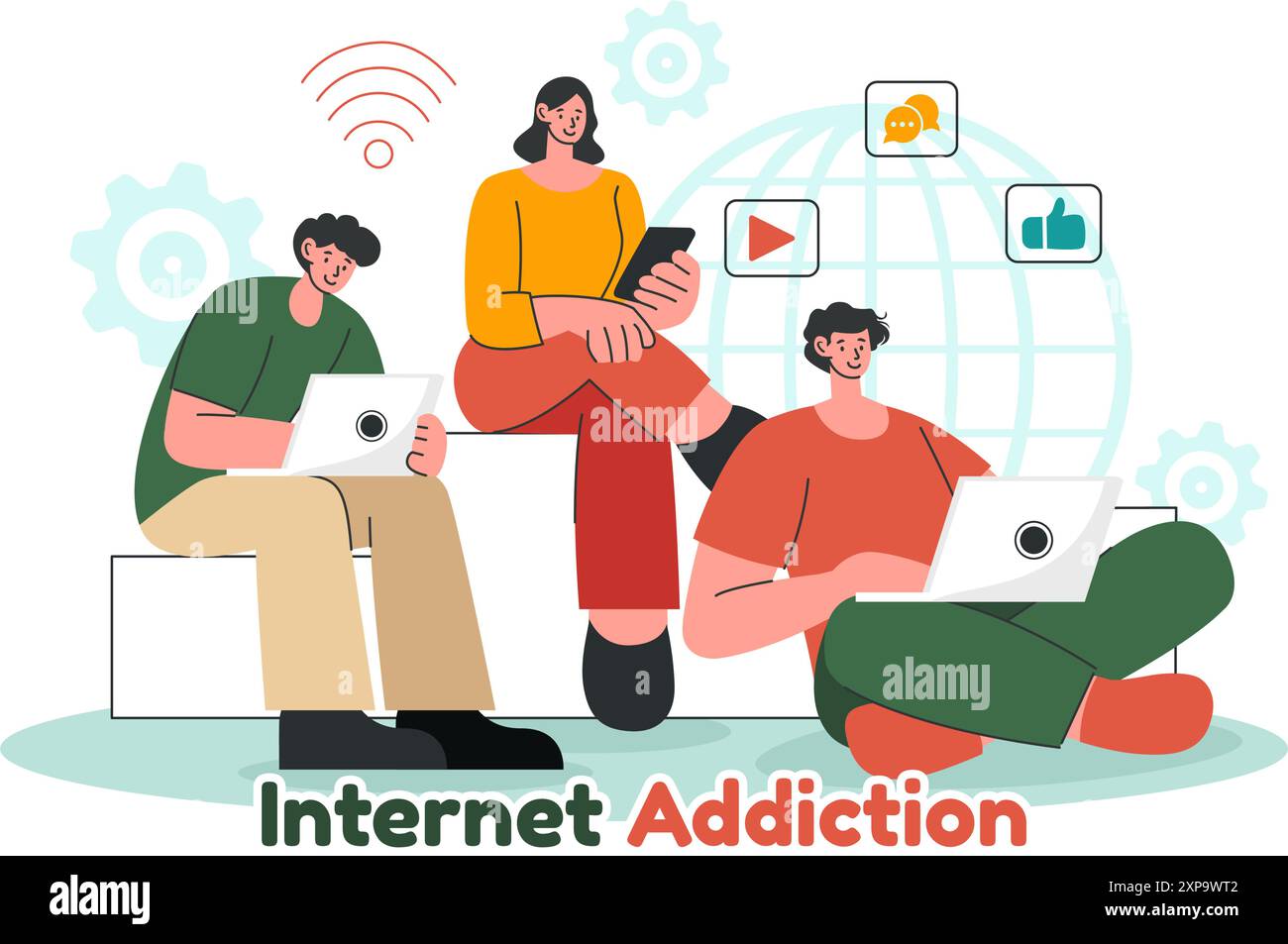 Internet Addiction Vector Illustration with Young People Addicted to ...