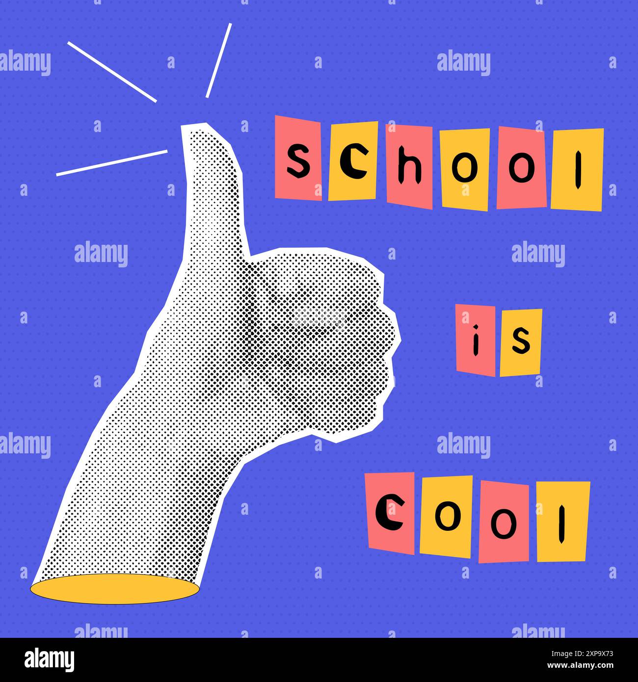 Trendy halftone collage hand with finger up. School is cool card ...