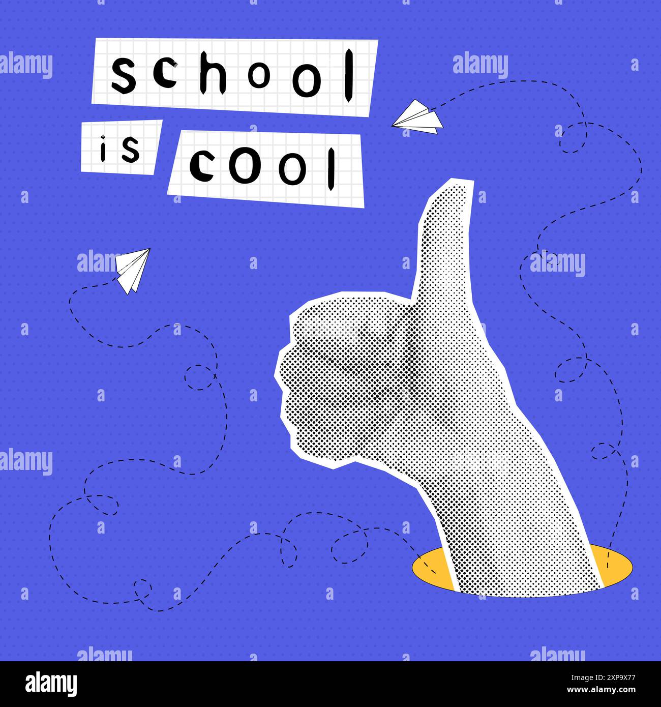 Trendy halftone collage hand with finger up. School is cool. Back to ...