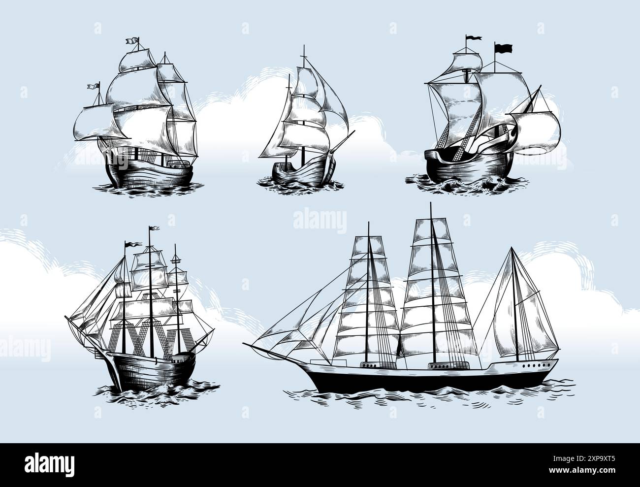 Pirate ship. Vintage old sail boat. Hand drawn sailboat in storm ...