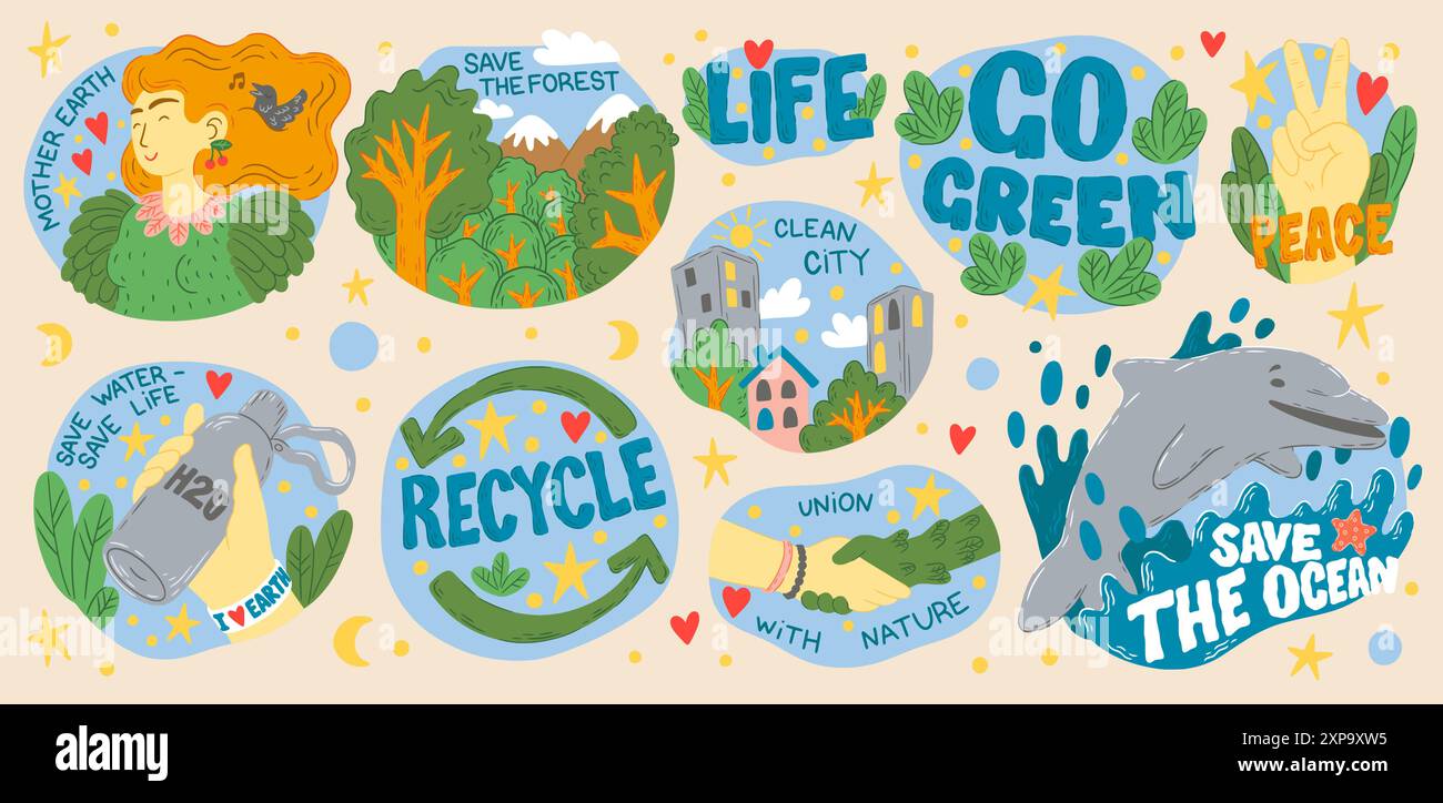 Recycle stickers. Save planet. Green Earth. Environment conversation ...