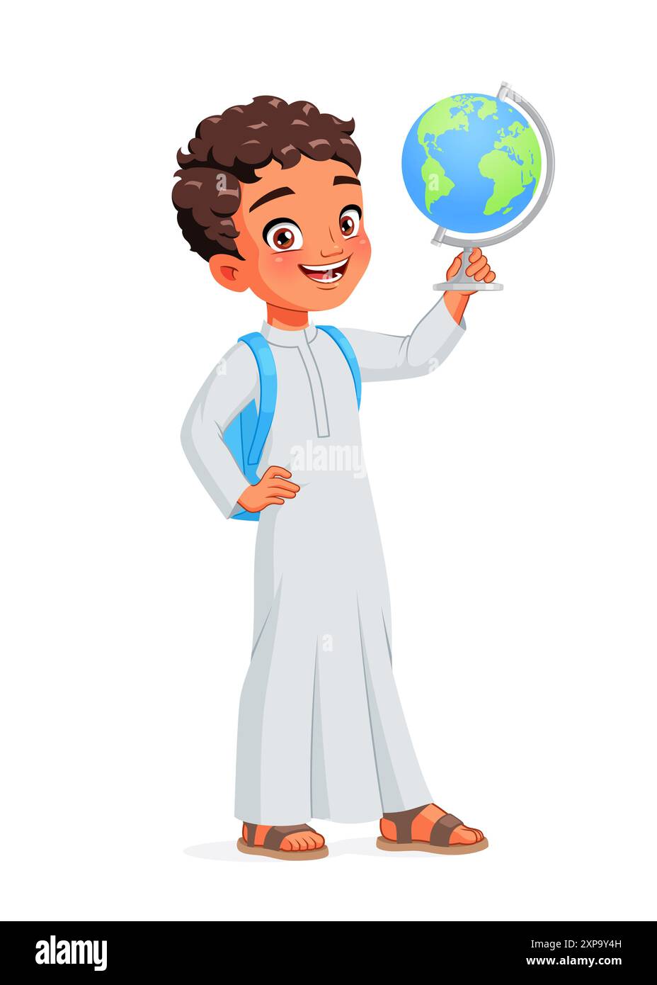 Happy Arab school boy holding a globe. Cartoon vector isolated ...