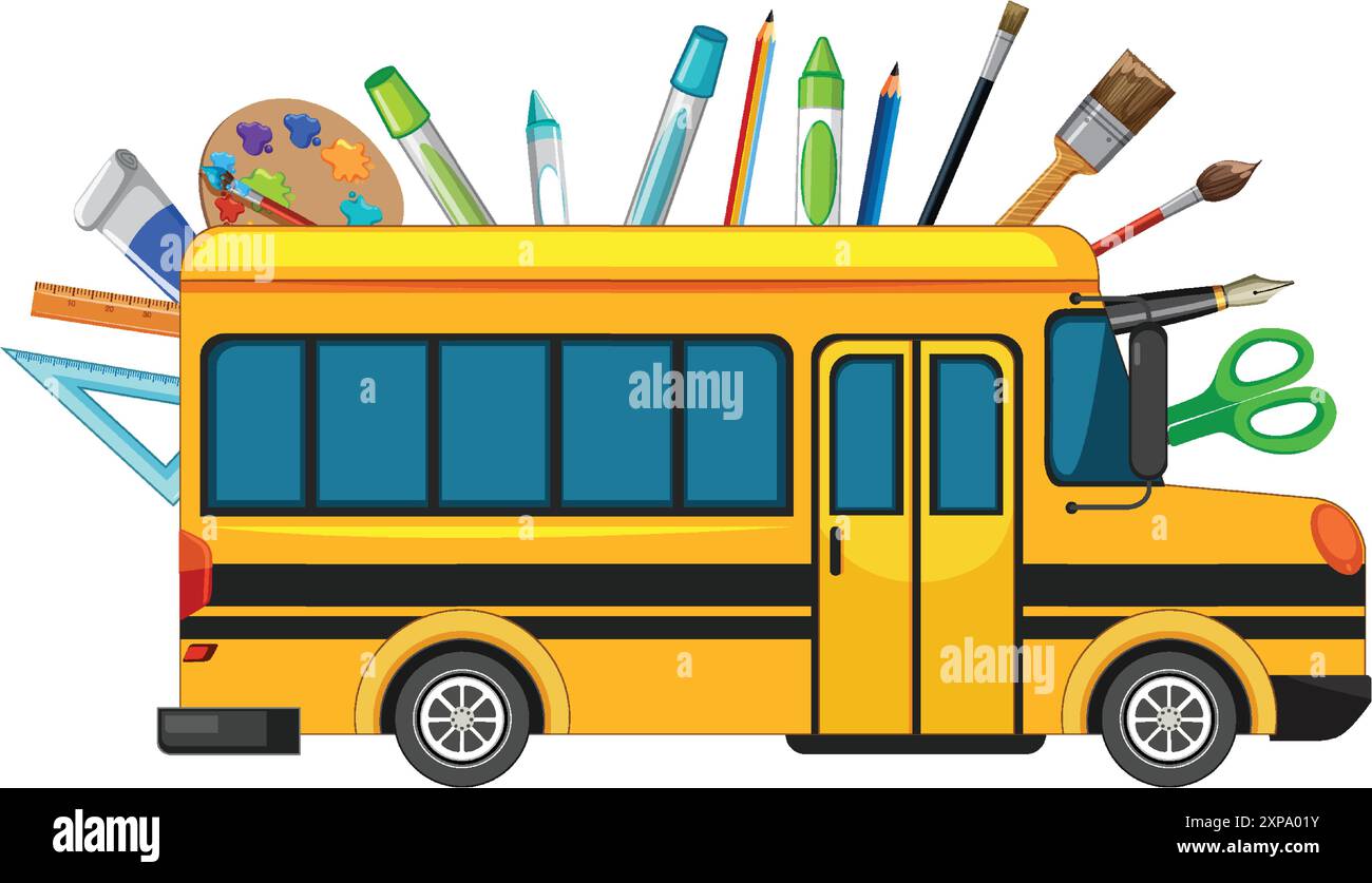 Yellow bus filled with various school supplies Stock Vector Image & Art ...