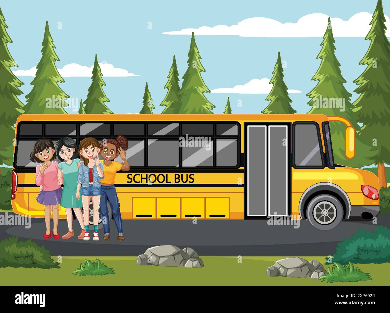 Group of friends standing near a school bus Stock Vector Image & Art ...