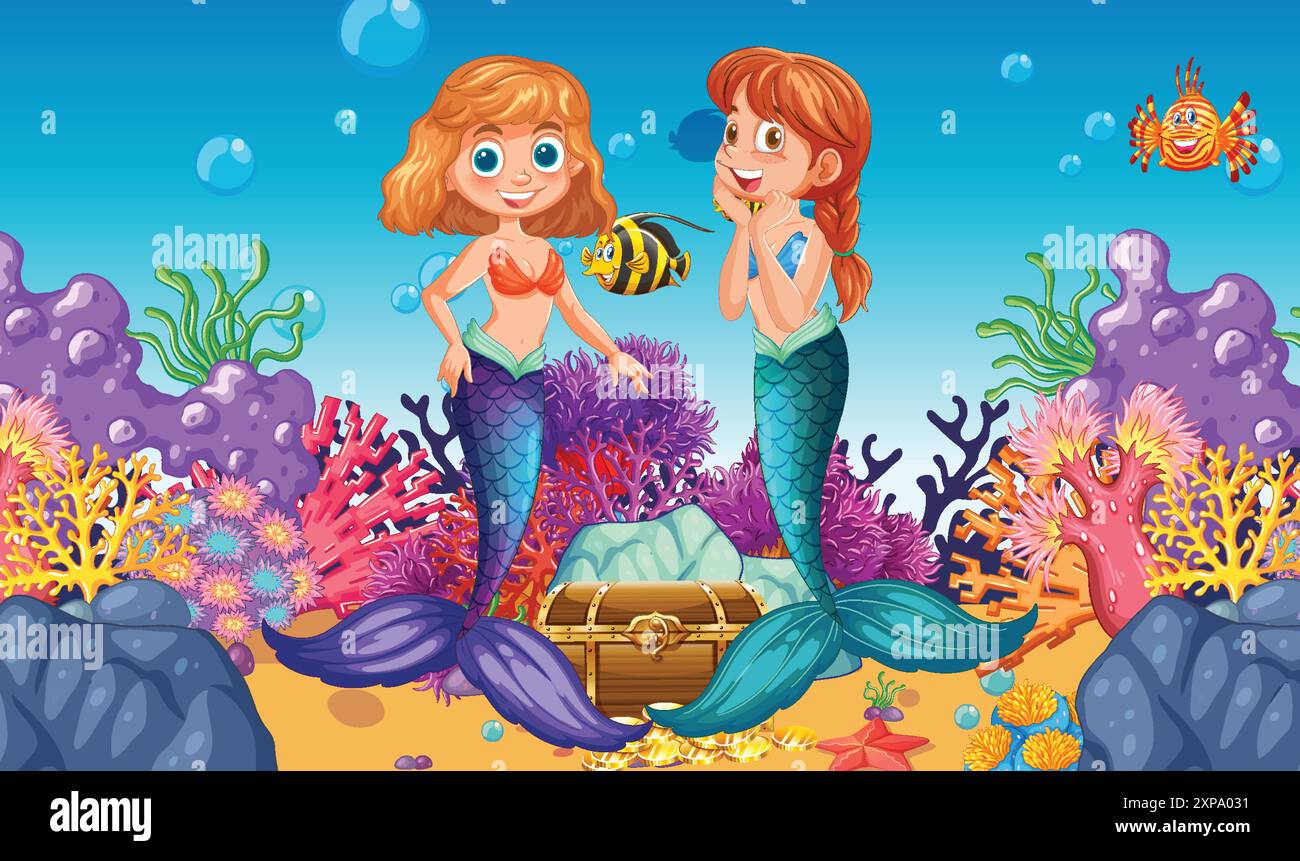 Two mermaids with treasure chest underwater Stock Vector Image & Art ...