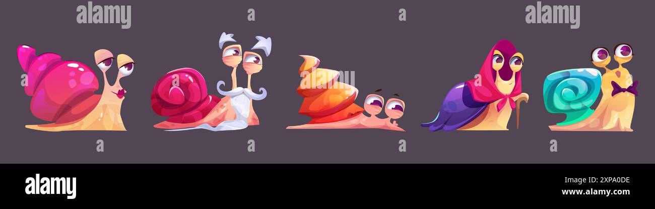 Cute ridiculous snail cartoon character set. Male and female young and ...