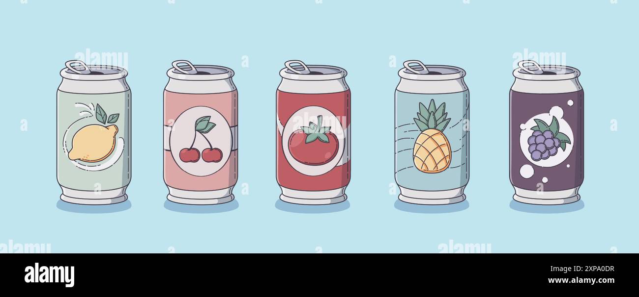 Fruit soda cans set isolated on background. Contemporary vector cartoon ...
