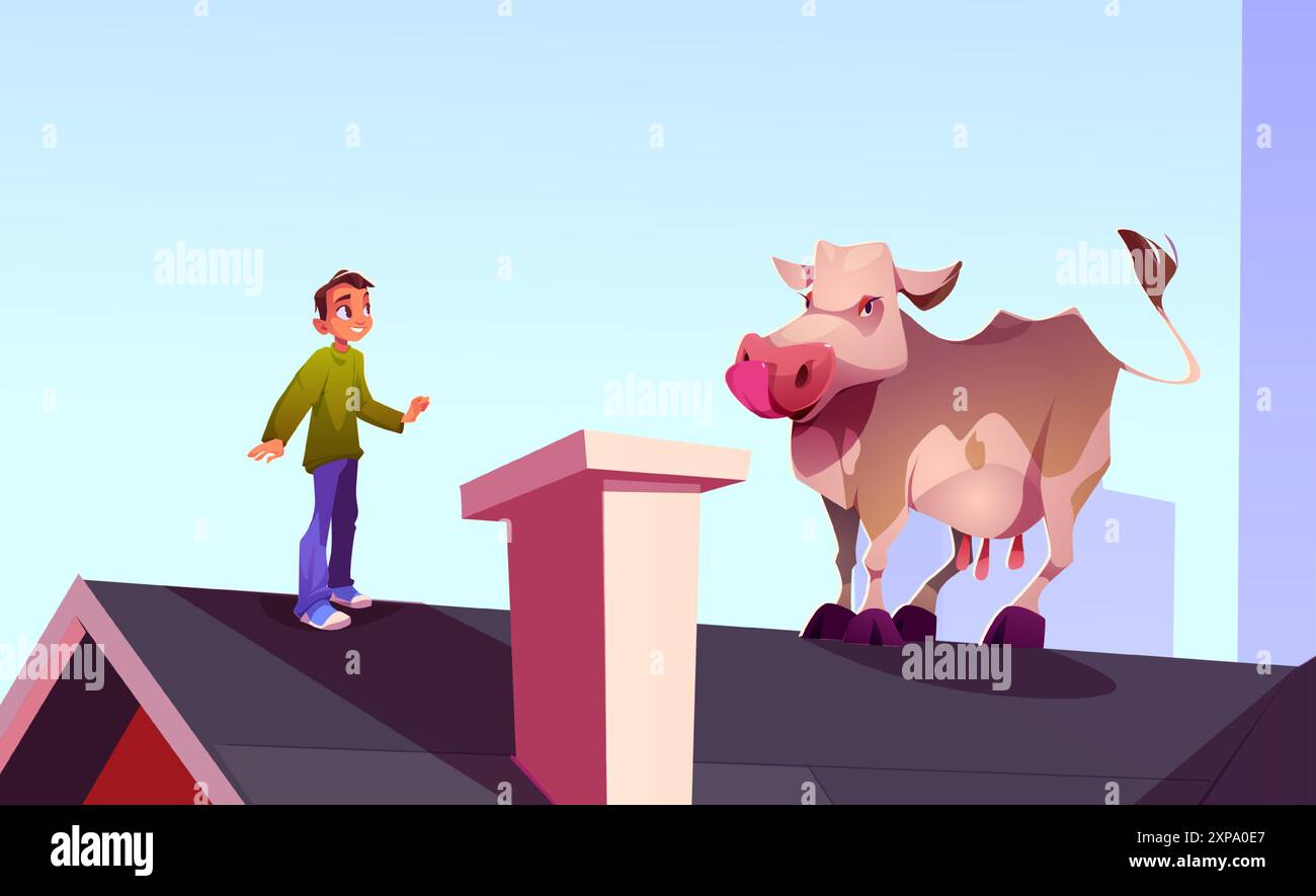 Naughty boy and cow on house roof. Vector cartoon illustration of ...