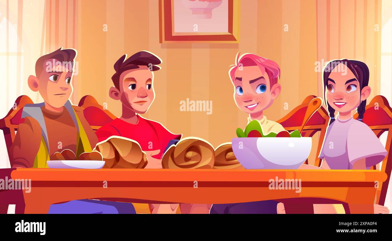 Teenager friends sitting at dinner table with salad in bowl and fresh ...