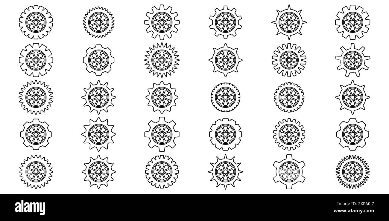 Gears icon set. Setting gears icon. Collection of mechanical outline ...