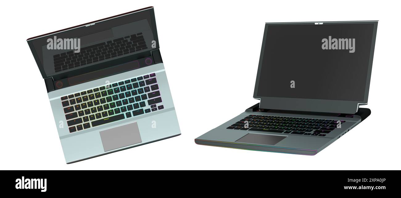 Set of modern laptops with rgb lights isolated on white background with ...