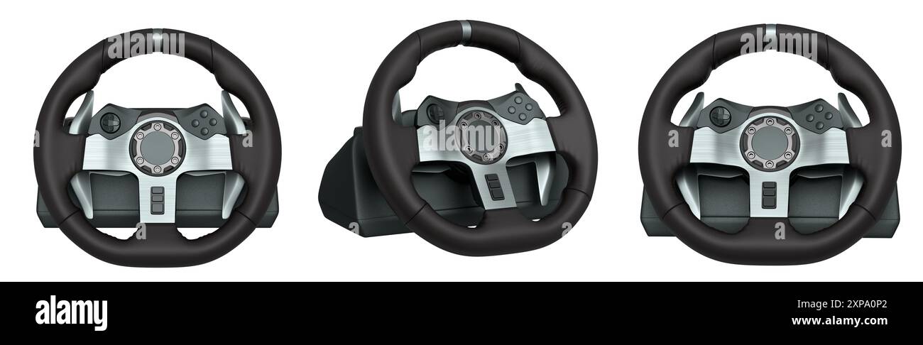 Set of racing game steering wheels isolated on white background with ...