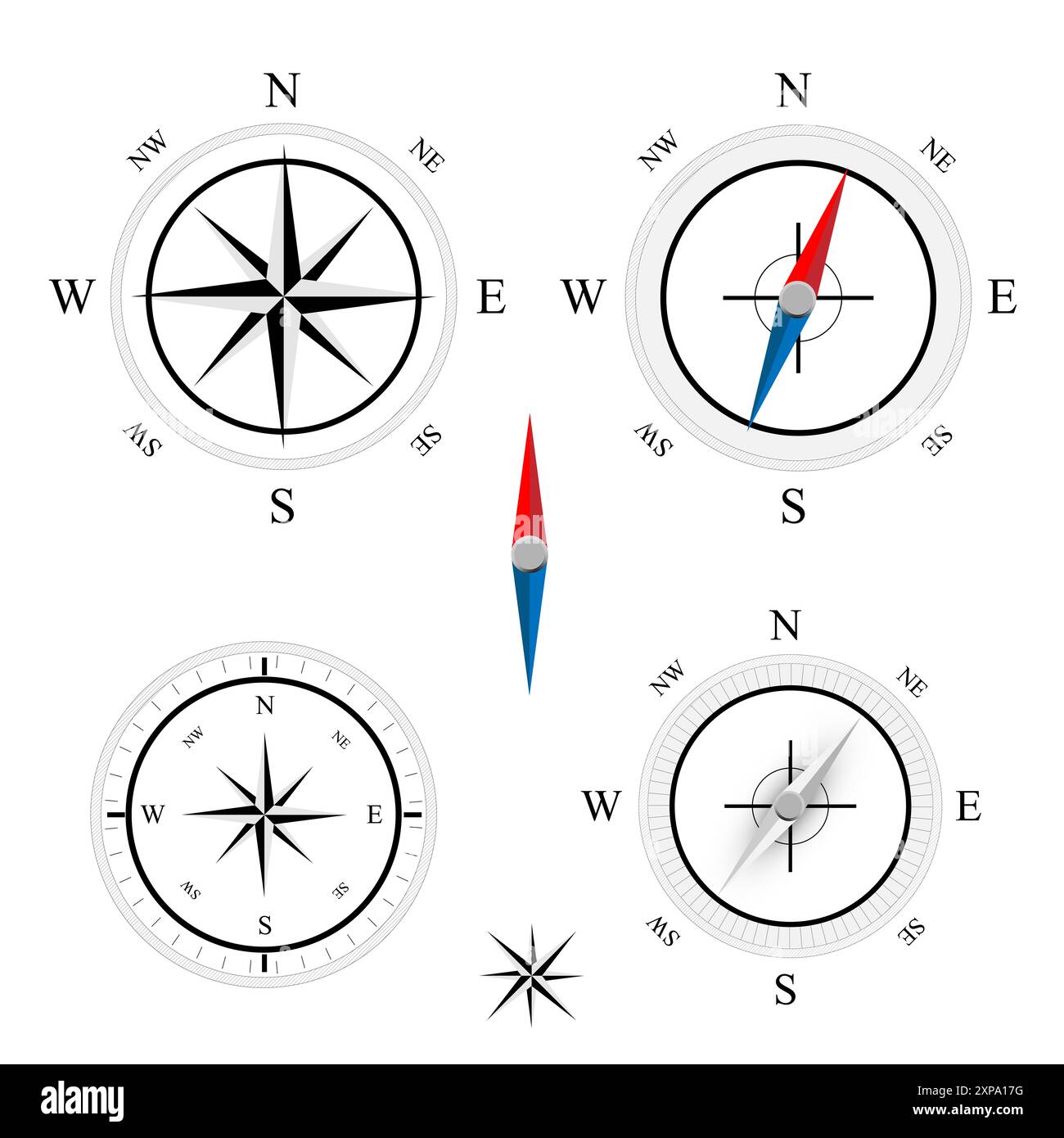 Compass set icons, navigation equipment sign, flat nautical chart wind ...