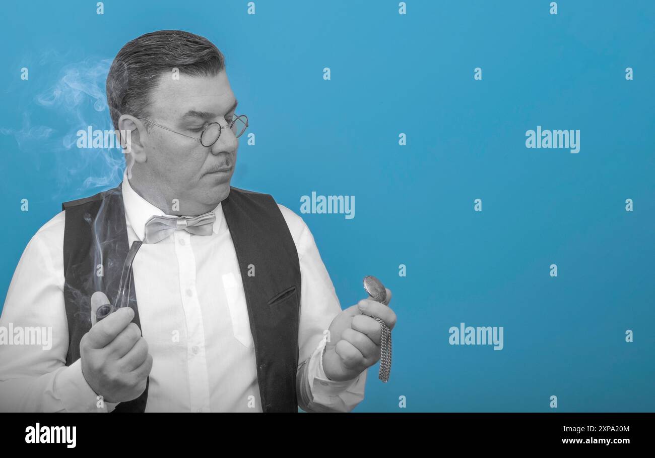 Retro portrait of a man. pocket watch in hand, smoking pipe. Black and ...