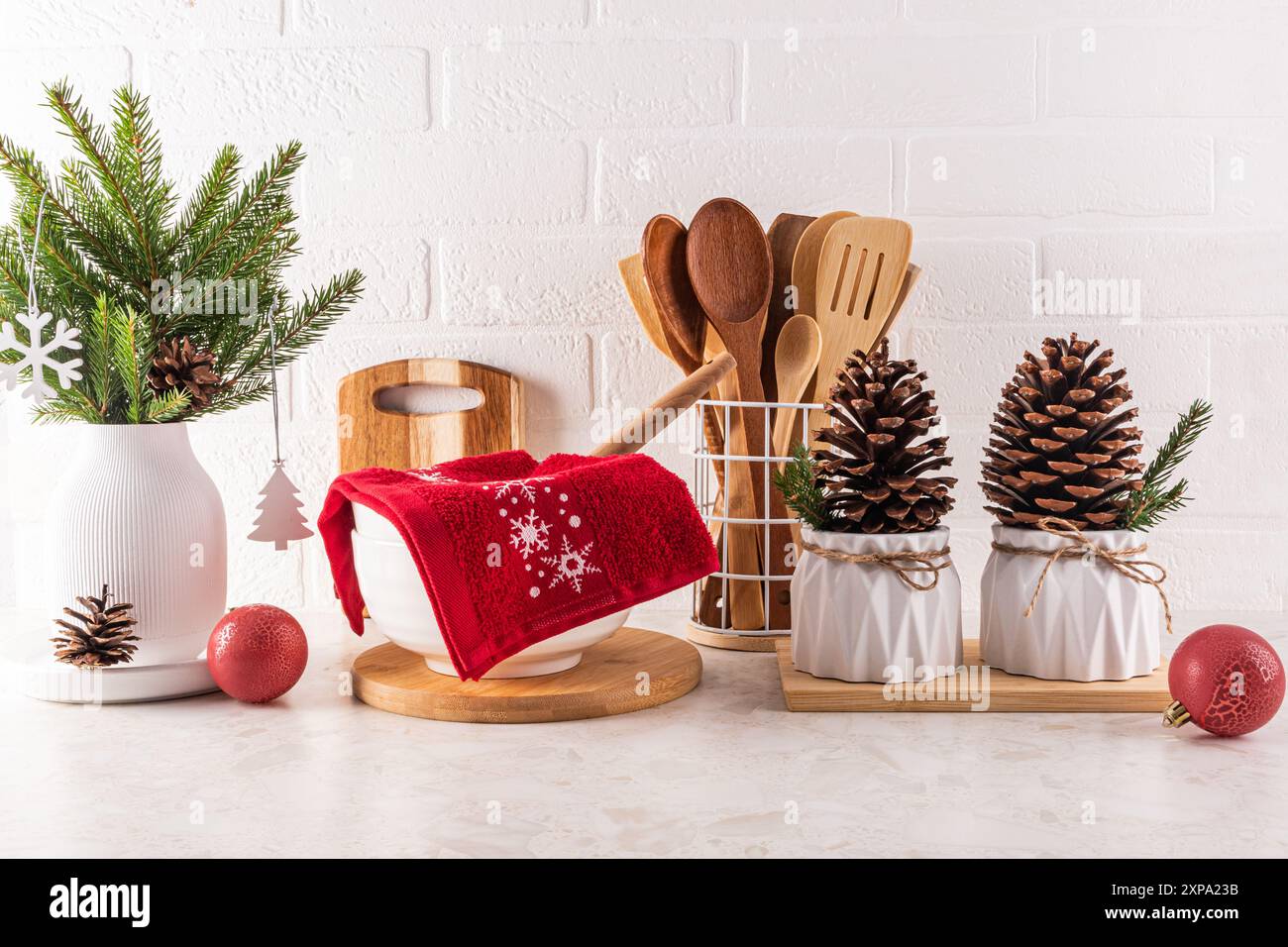 Kitchen countertop, decorated for the New Year and Christmas, with ...