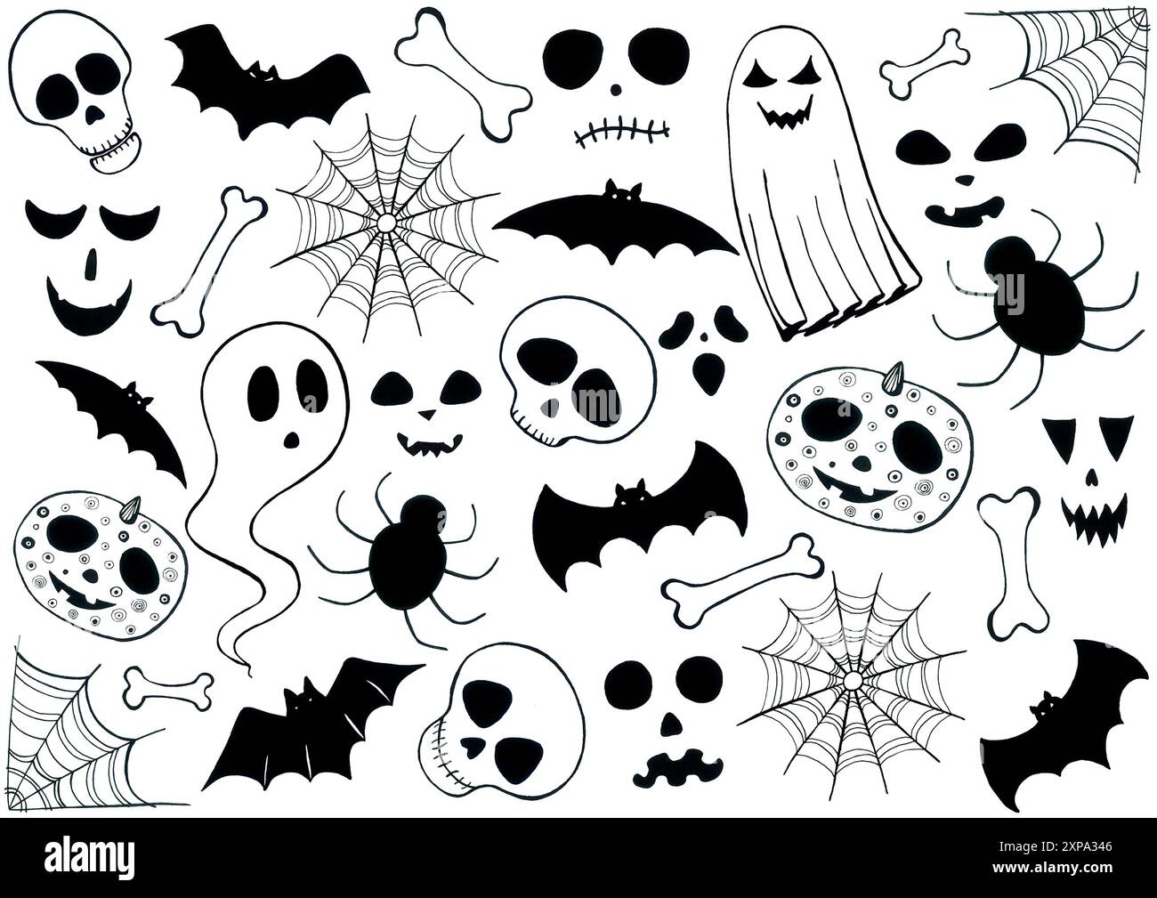 Doodle set of different Halloween elements. Black on a white background ...