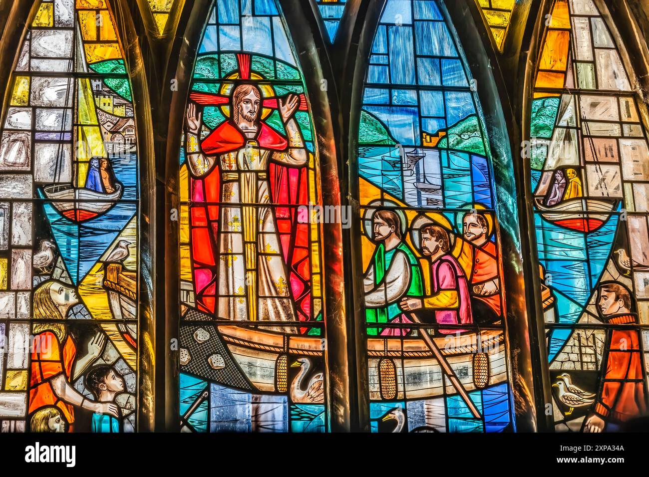 Colorful Stained Glass Jesus Preaching Disciples Sea of Galilee Wooden ...