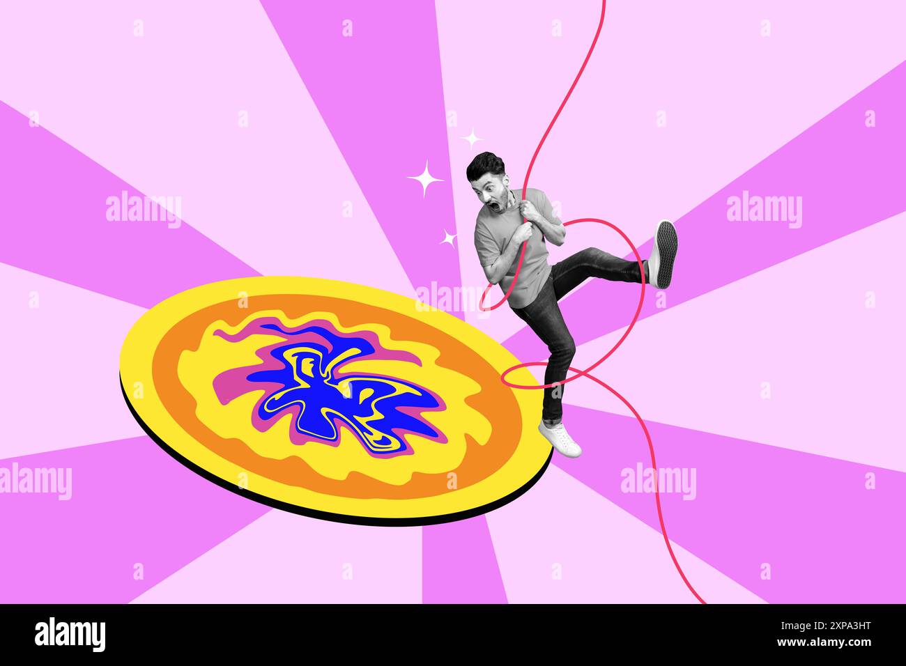 Composite collage image picture of mini guy hang rope painted pizza ...