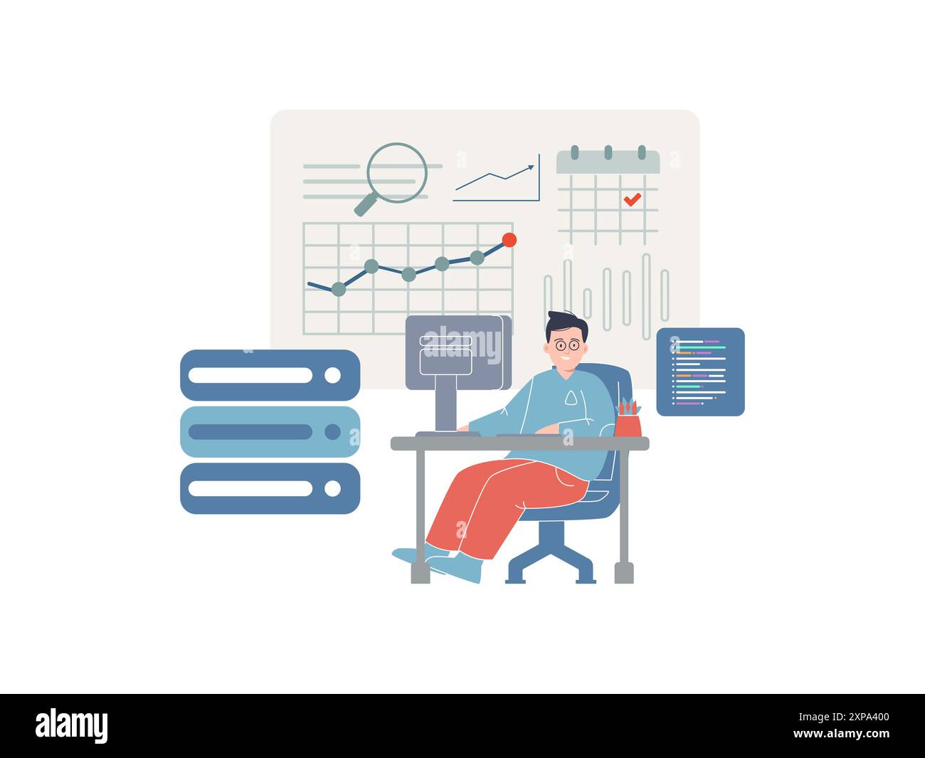 Analytics and data science expert character worker analyzing data chart modern computer research ...