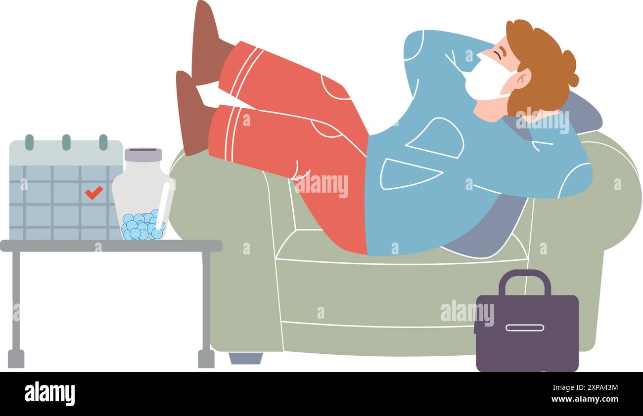 sick leave man lay in sofa get sick ill fell unwell disease unwell ...