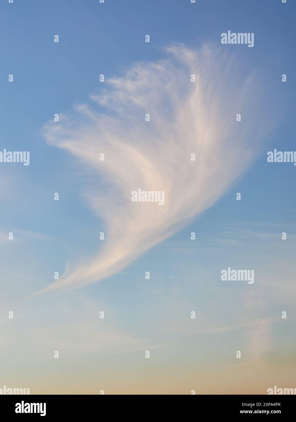 White wispy cloud in a blue sky at sunset. Outdoor sky photography ...
