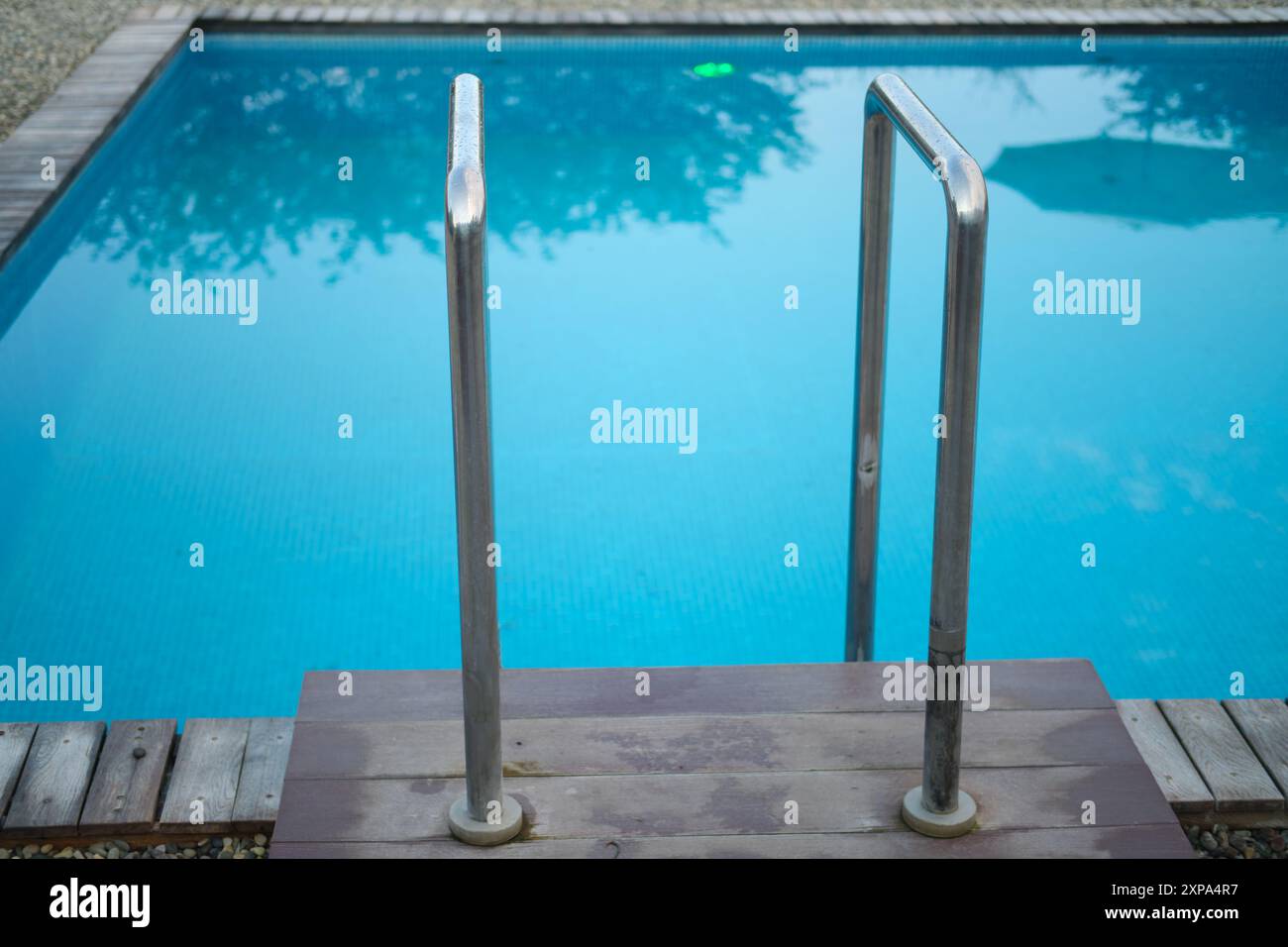 Metal pool ladder leading into a clear blue swimming pool with wooden ...