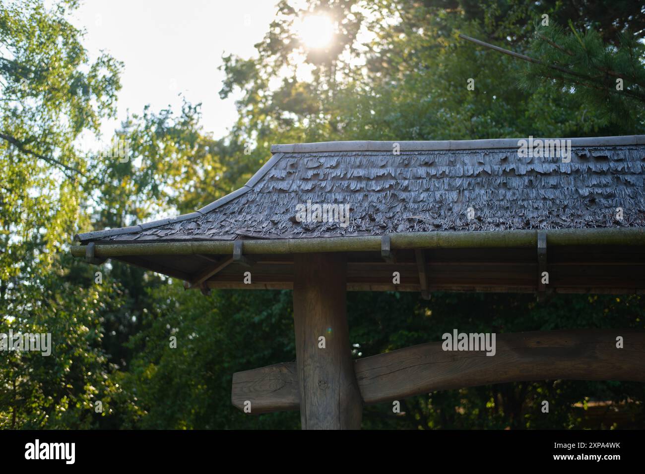 Wooden traditional Japanese roof structure with sunlight shining ...