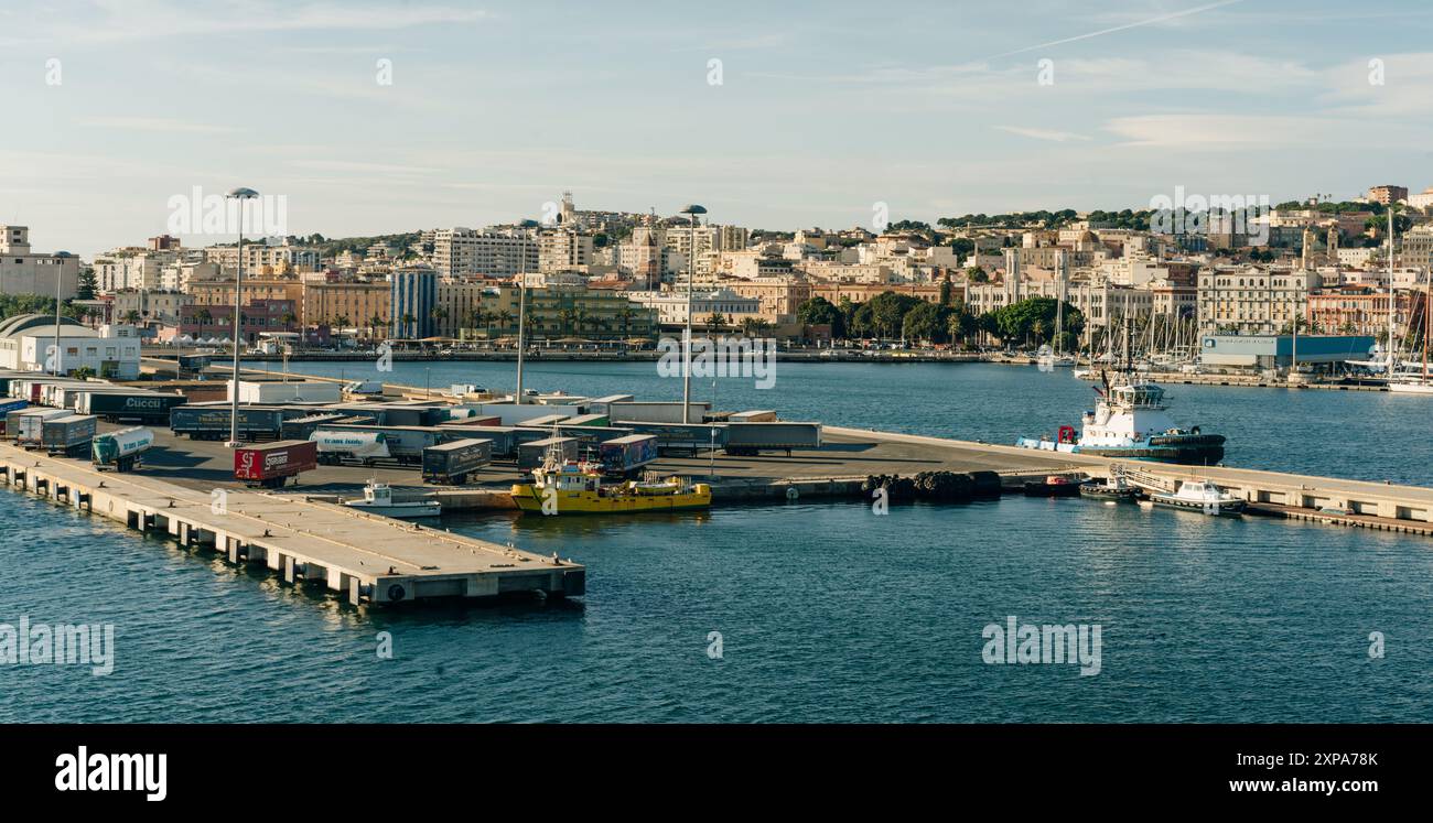 ship and containers in Mediterranean Sea at port at Cagliari, Sardinia ...