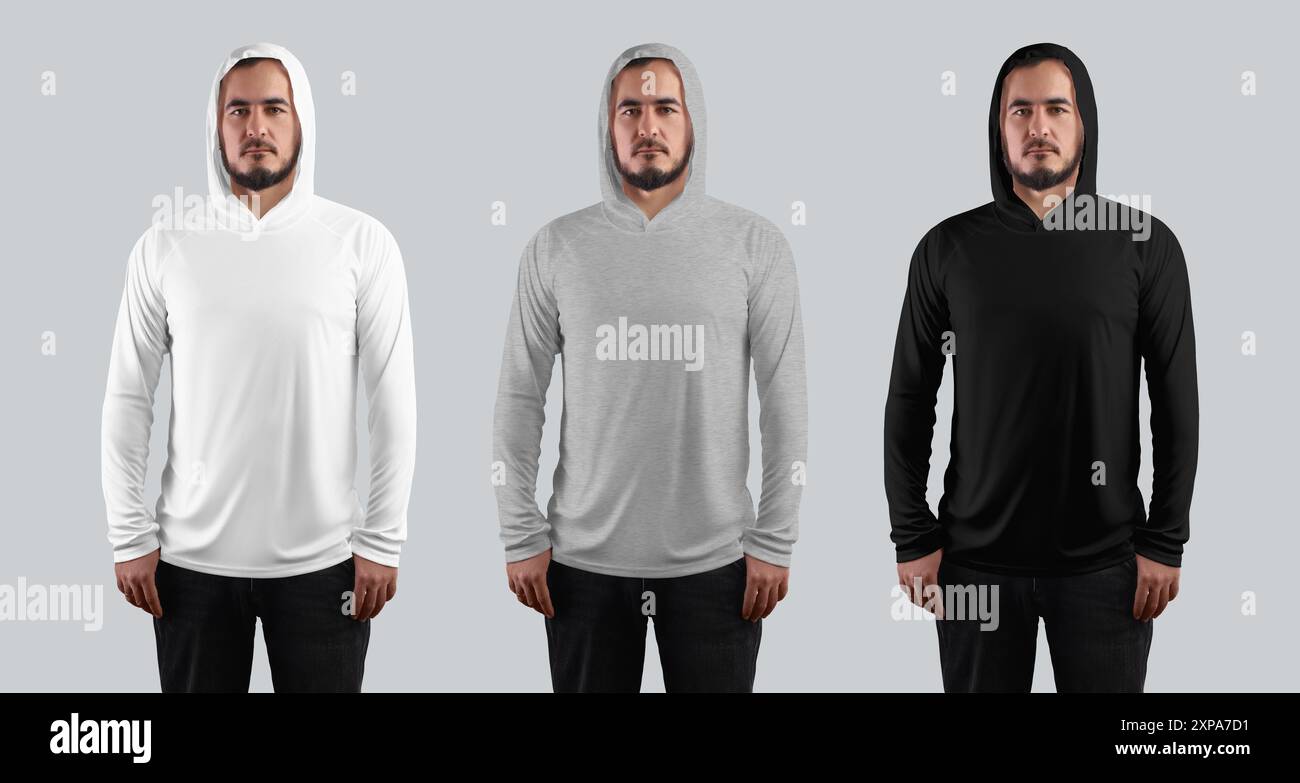 Mockup of white, black, heather long sleeve sun protection on a bearded ...