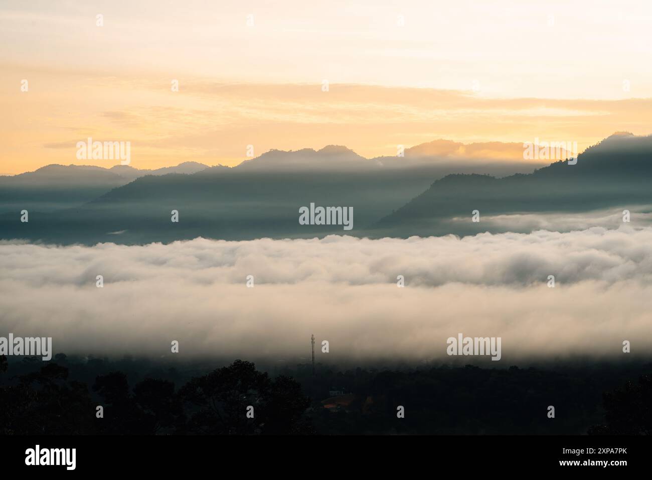 Sea clouds during golden sunrise above the Titiwangsa range mountains ...