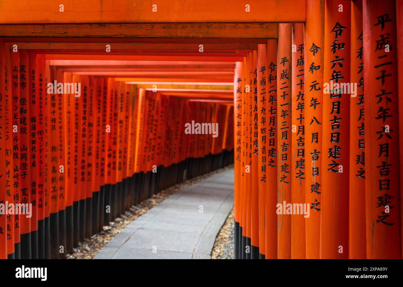 Row of orange torii gates in Kyoto Fushimi Inari Shrine with Japanese ...