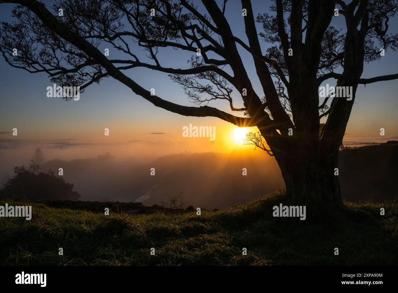 Sunrise over Mt Eden summit with volcanic crater in the fog. Sun ...