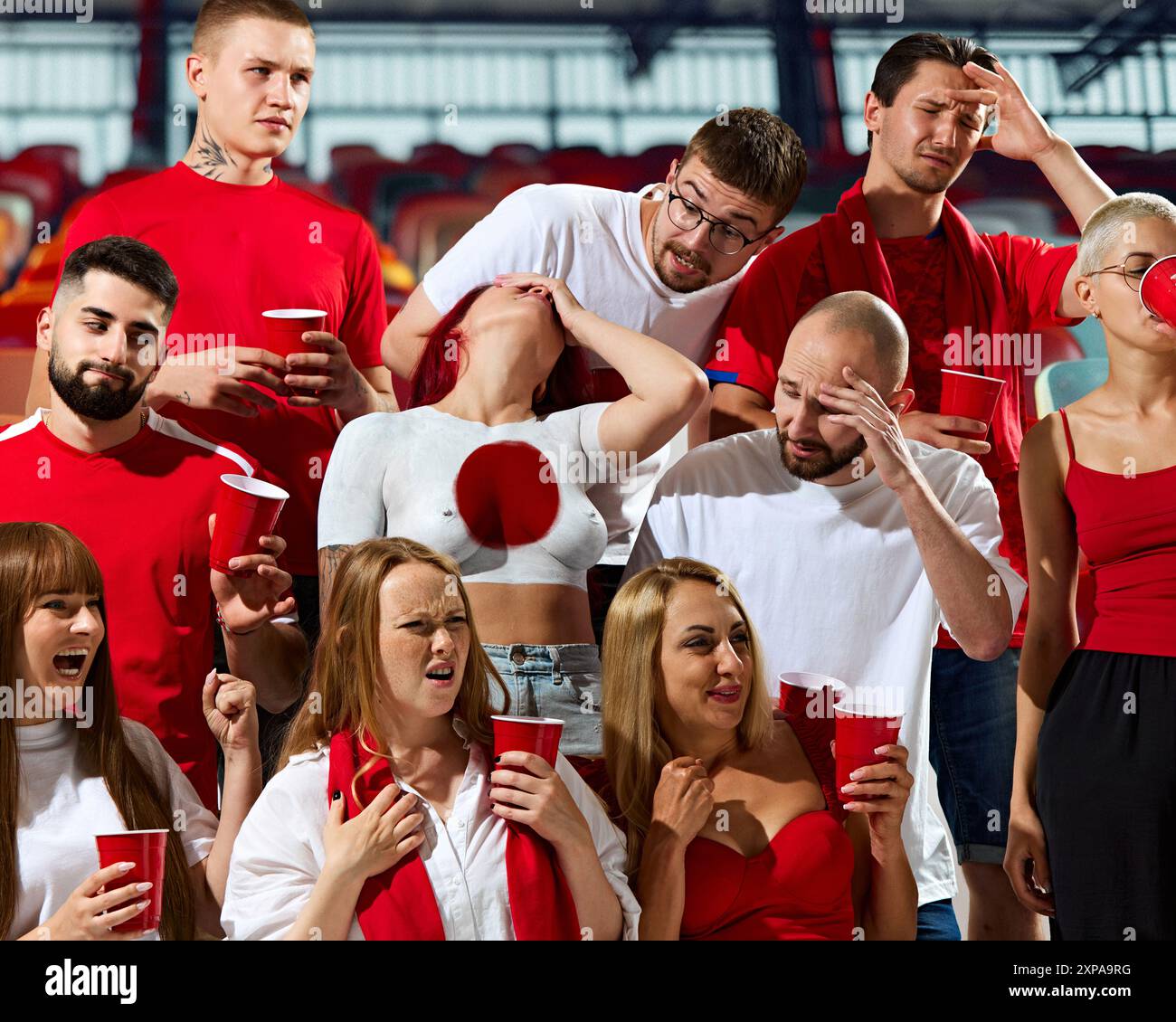 Missing goal. Emotional young people, men and women, sport fans ...