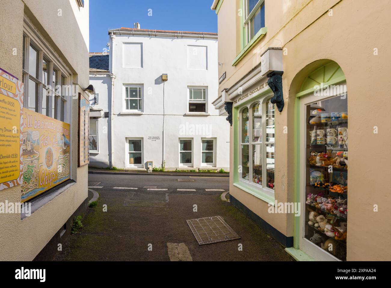 Shops on a narrow street in the coastal village of Appledore, Devon ...