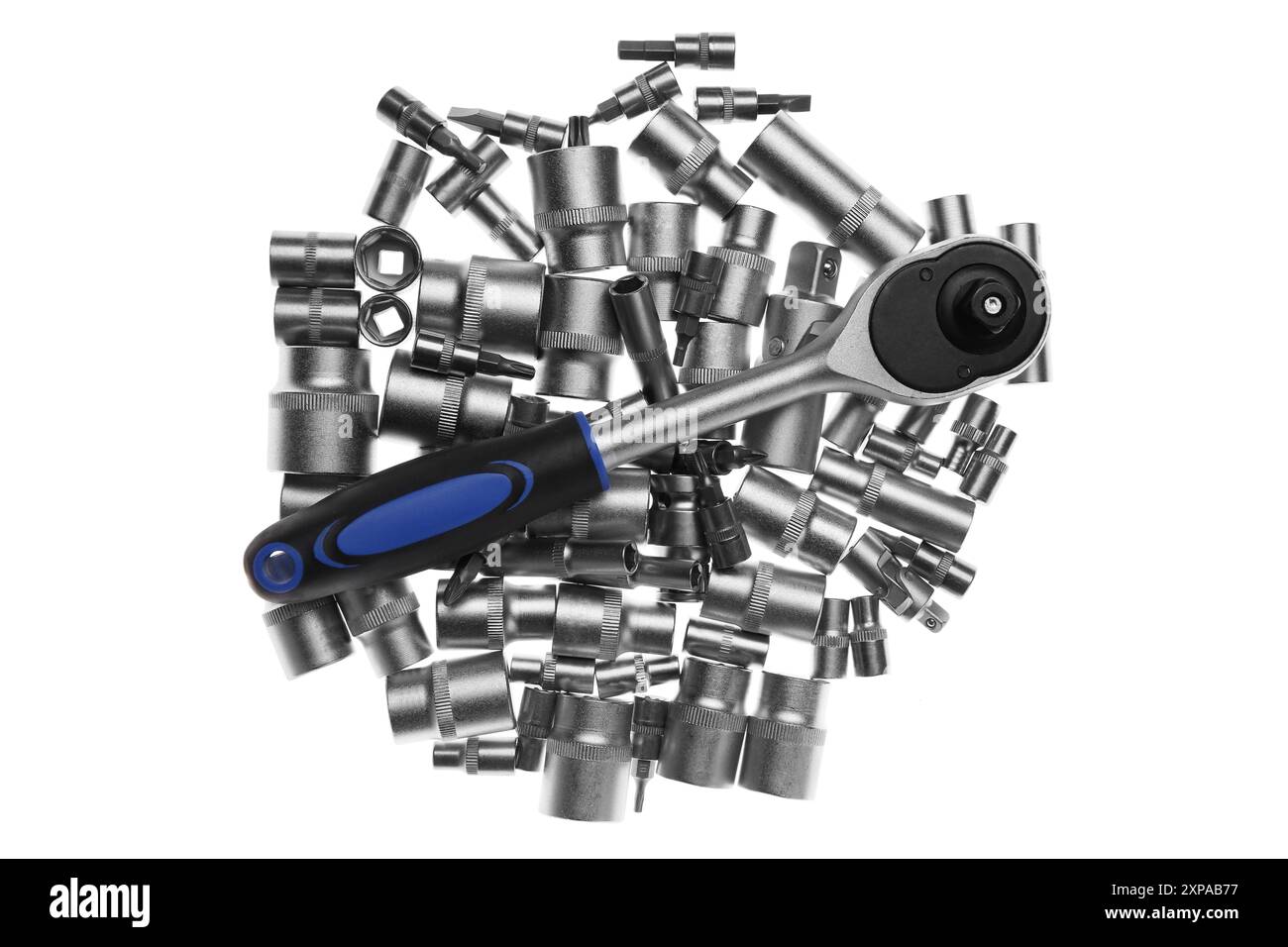 Pile of spark plug sockets and torque wrench on white background, top ...