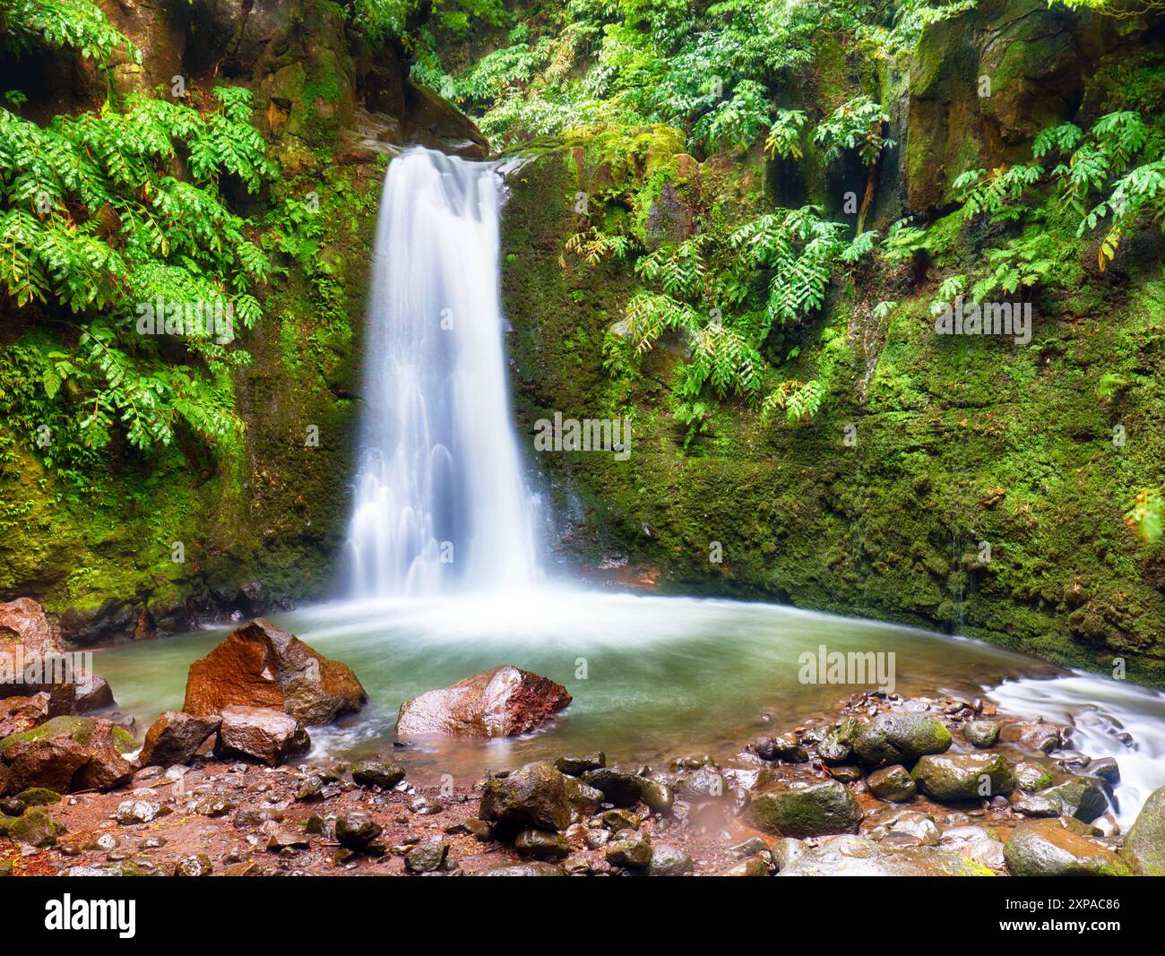 Azores, Waterfall in jungle - Salto do Prego lost in the rainforest ...